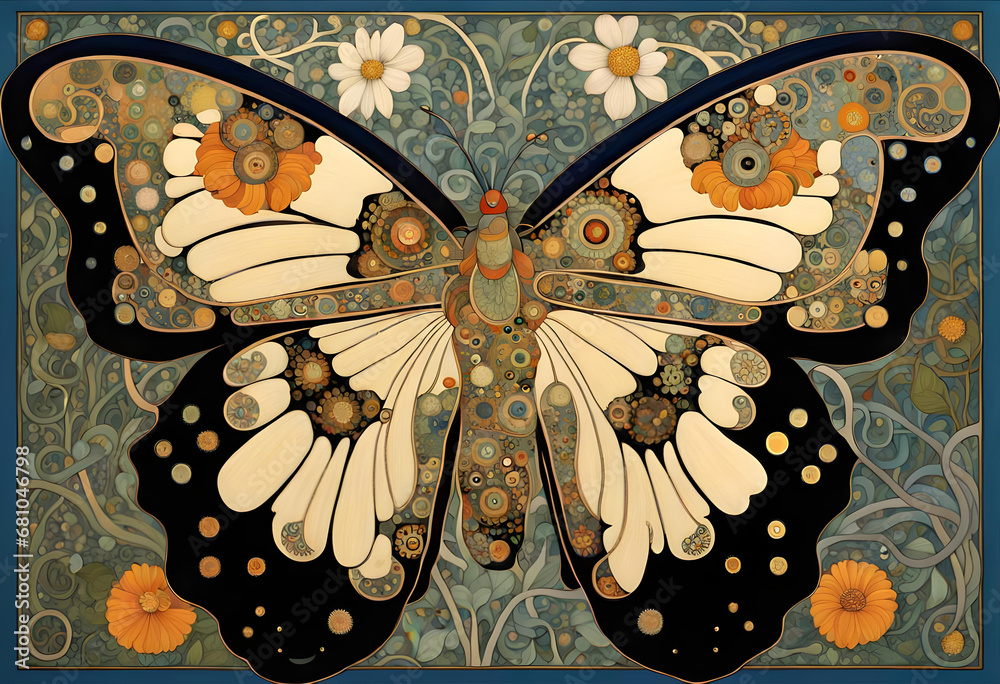 Decorative art nouveau illustration of a butterfly in an ornate floral ...