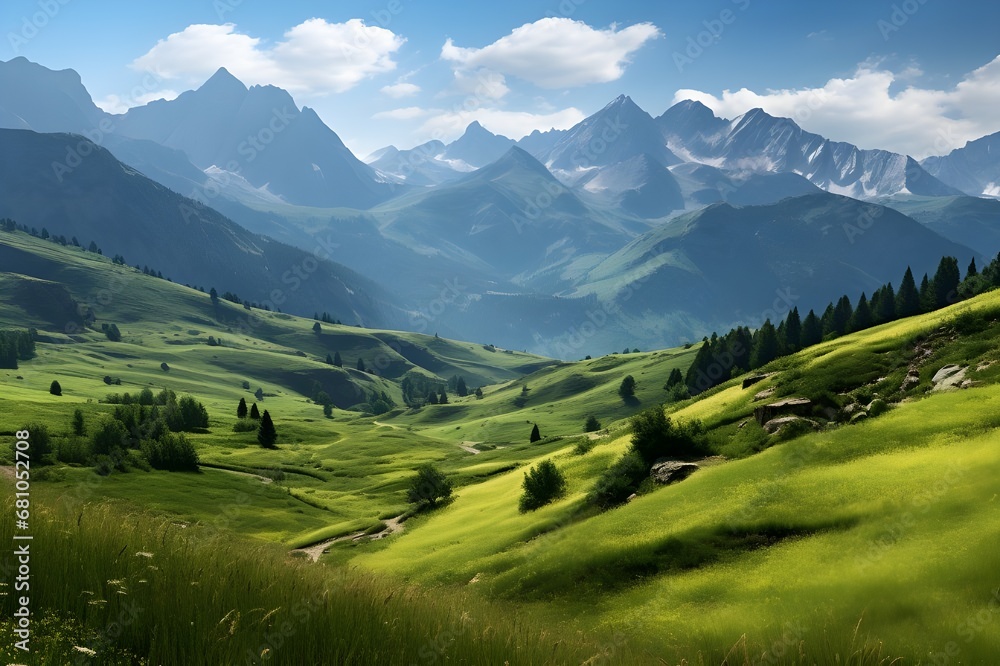 Alpine area with large mountains and vegetation Stock Illustration ...