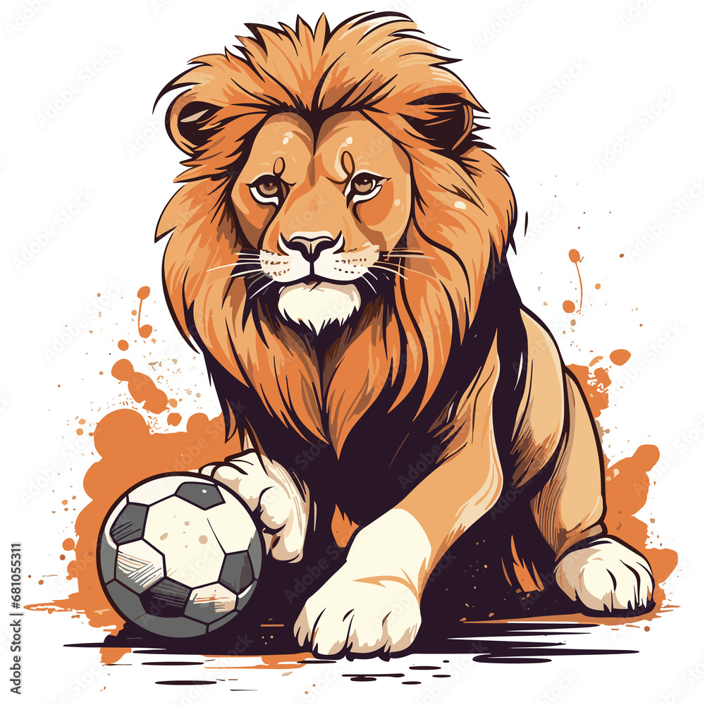 Lion playing football illustration, king of jungle, isolated on ...