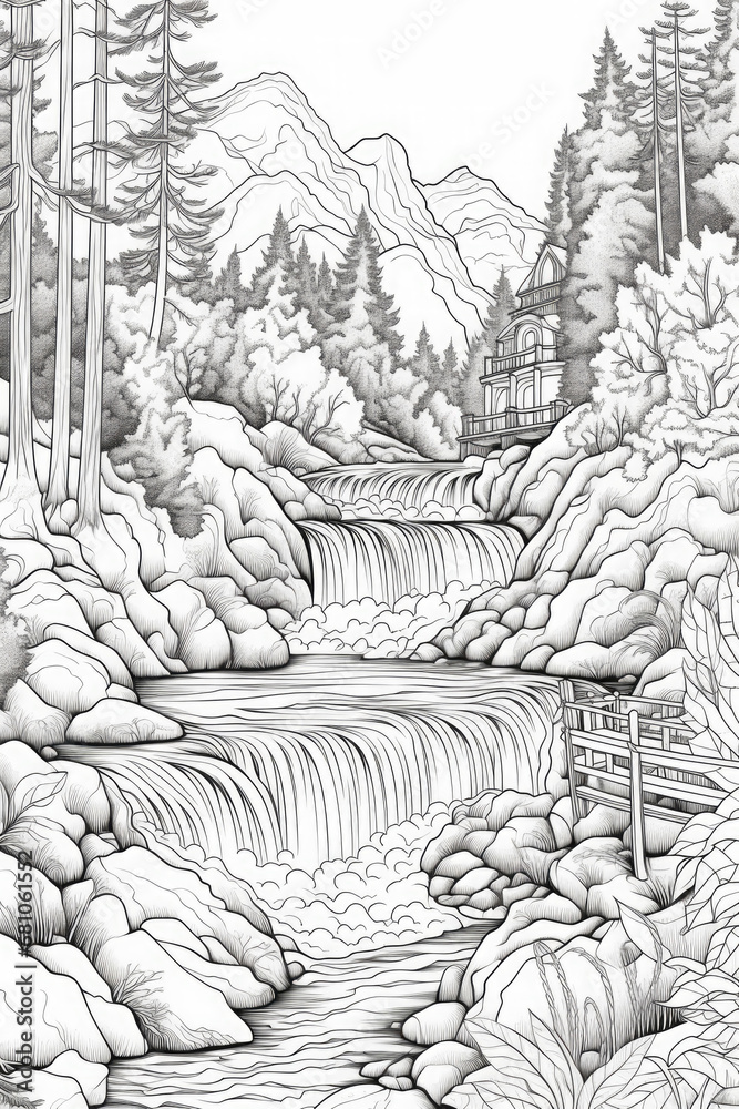 fall river clean line coloring page for Kids and adults Stock ...
