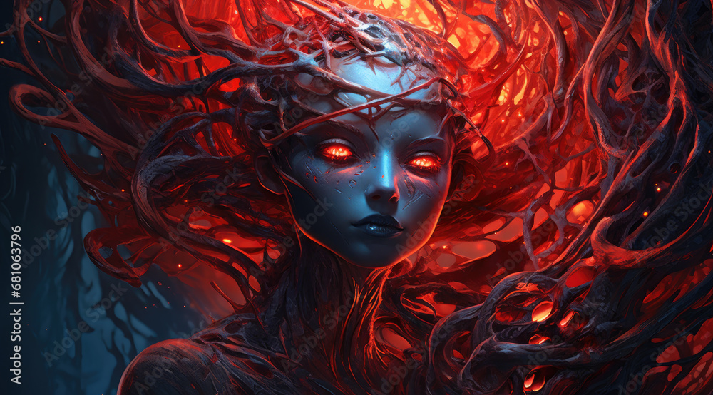 Queen mother of alien hive. An alien woman with glowing eyes, intricate ...