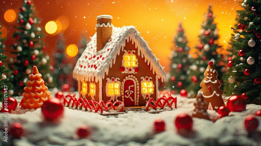 Gingerbread man cookie standing beside house with different colored ...