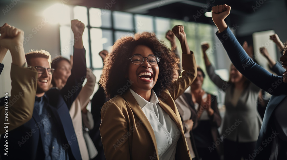 A team of diverse ethnic backgrounds celebrating a successful project ...
