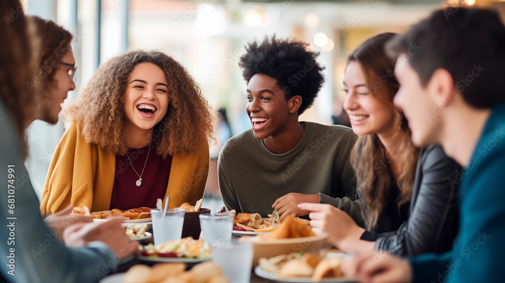A multicultural group of teenagers sharing a meal in a school cafeteria ...