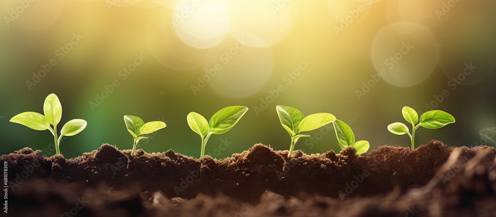 Plant young trees or seedlings in fertile soil with soft sunlight ...