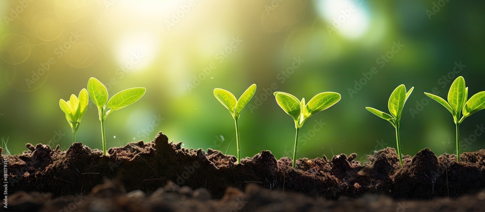 Plant young trees or seedlings in fertile soil with soft sunlight ...