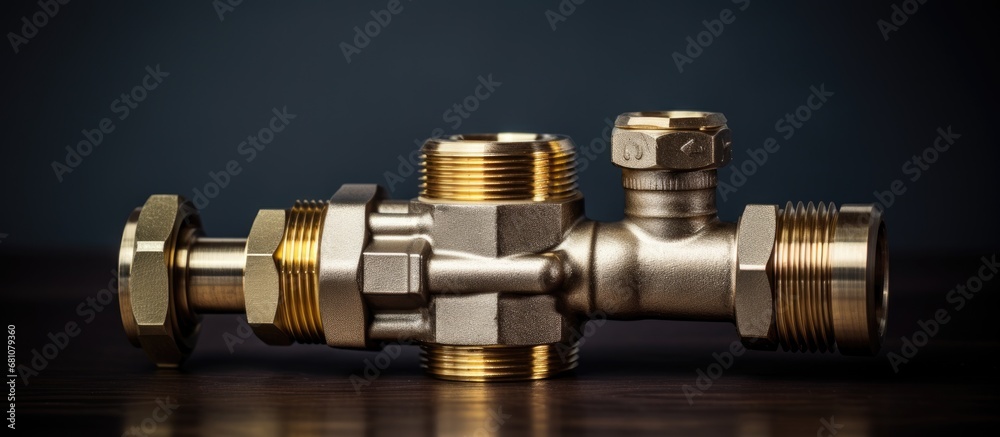 Plumbing parts for water connections including brass valve Copy space ...