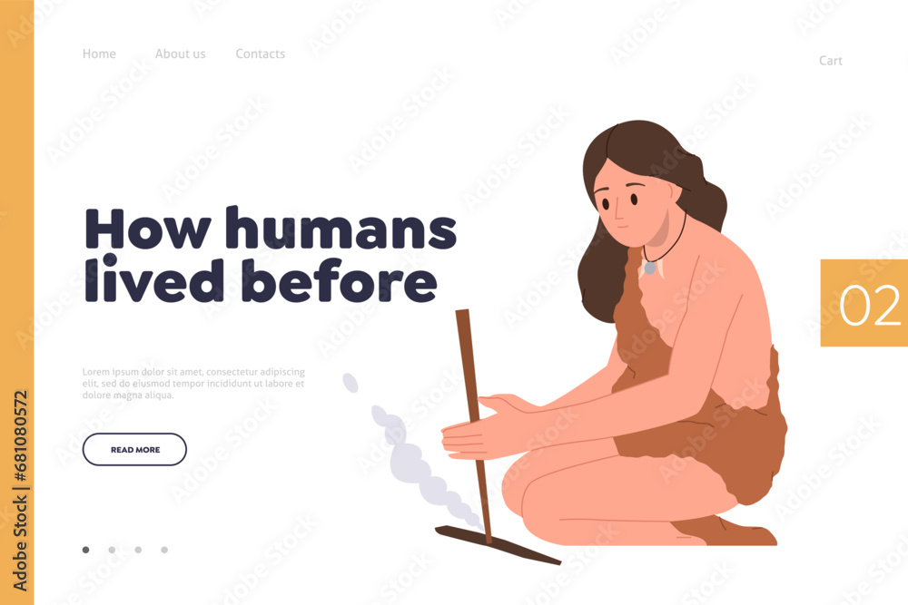 Landing page design template giving information how humans lived before ...