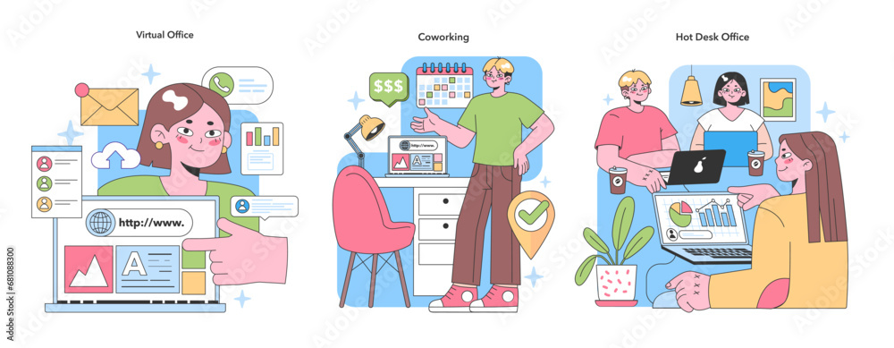 Modern Office Types set. Diverse professionals navigating through ...