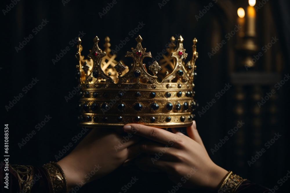 mysteriousand magical image of woman's hand holding a gold crown over ...