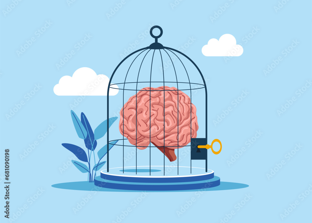 Cerebrum inside the cage. Brain in prison. Thought control and lack of ...