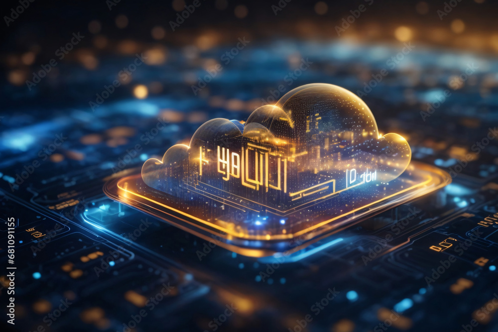 Digital informational technology web futuristic hologram with cloud icon, blue golden light ...