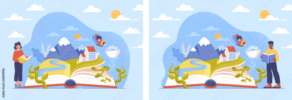 Inspiration and motivational book concept. Man and woman reading ...