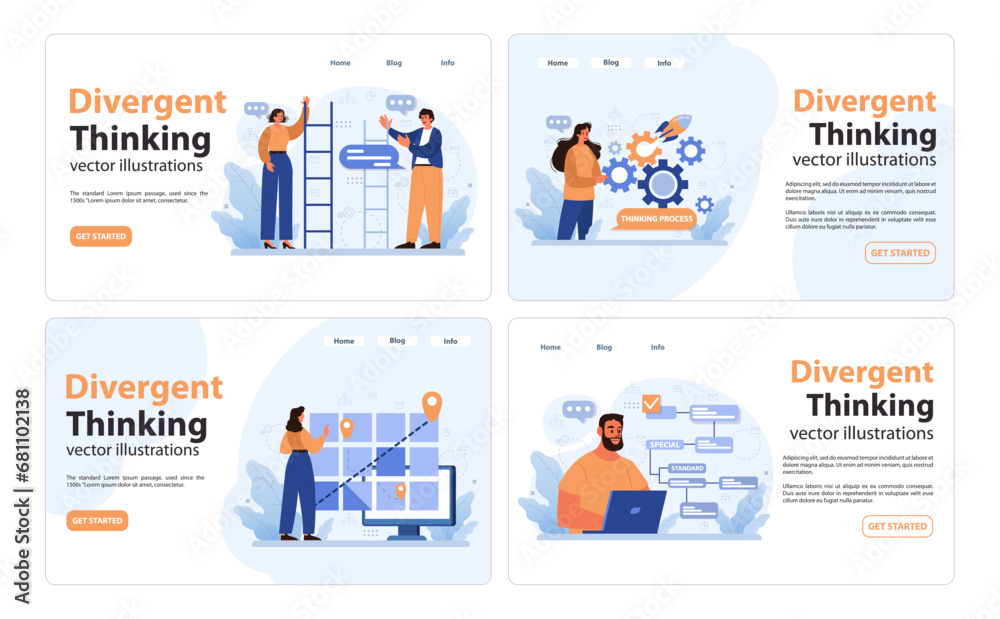 Divergent Thinking set. Professionals exploring multiple solutions ...