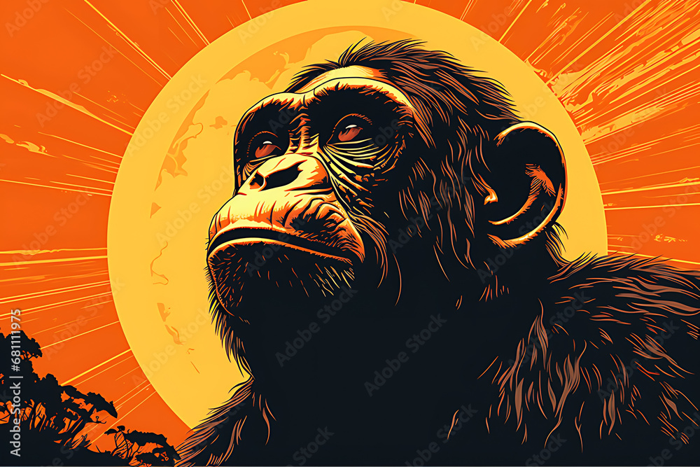 Art life of chimpanzee in nature, block print style ai generate Stock ...