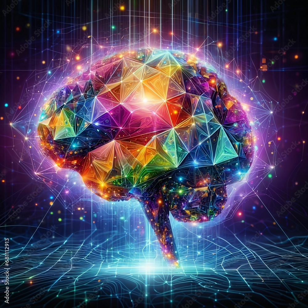 AI. A colorful abstract digital brain. Neural network connection lines and glowing dots. Machine ...