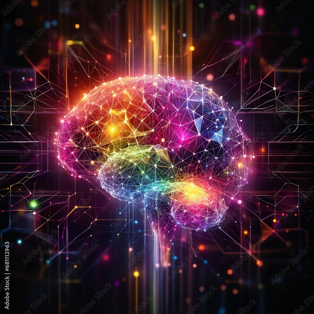 AI. A colorful abstract digital brain. Neural network connection lines and glowing dots. Machine ...
