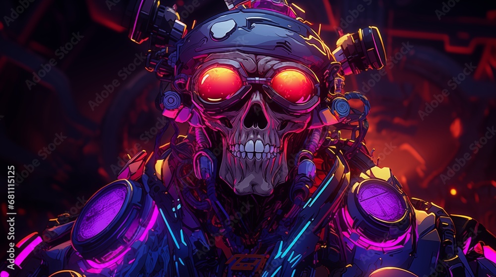 Cyberpunk skeleton robot with glasses. Digital concept, illustration ...
