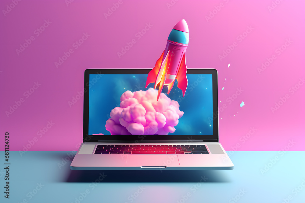 Rocket coming out of laptop screen. Innovation and creativity concept ...