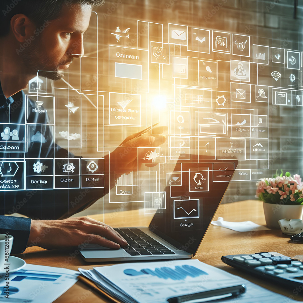 Business developer using Kanban board framework on laptop computer ...