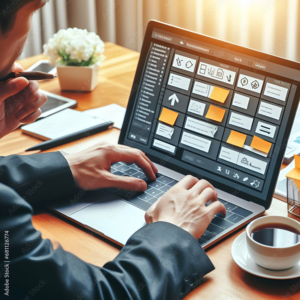 Business developer using Kanban board framework on laptop computer ...