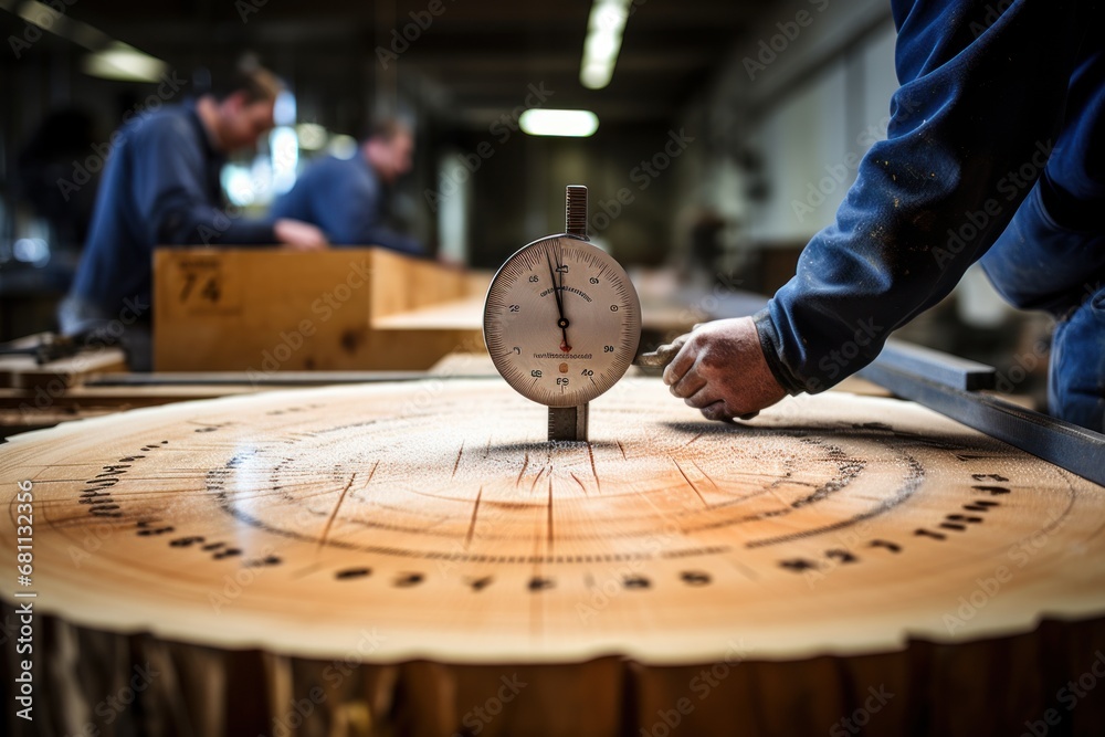 Industry wood turners measure and calculate right size of workpiece ...