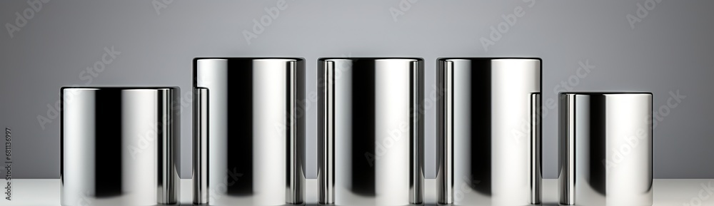 silver cylinders of different sizes on a gray background. The cylinders ...