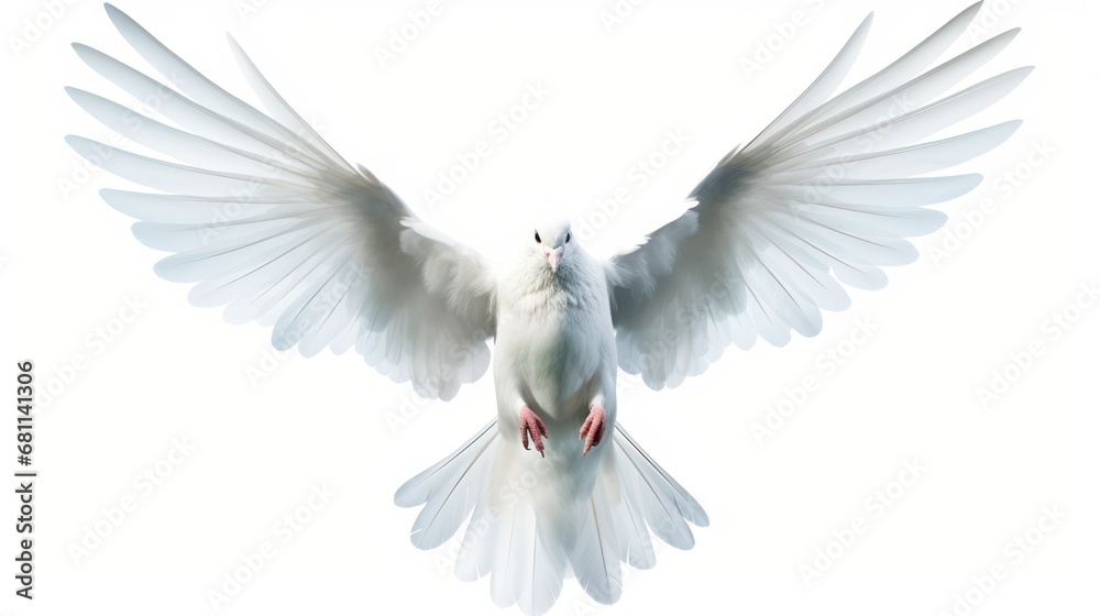 a white dove with its wings spread wide open in front of a white ...