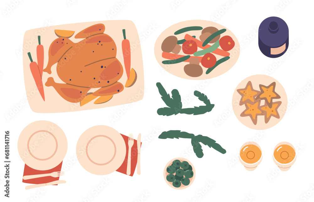 Set Of Festive Christmas Foods And Items. Turkey And Meals On Plates ...