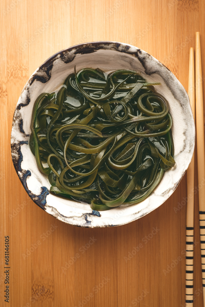 Various types of seaweed, algae salad: dried nori, kombu, waakame ...