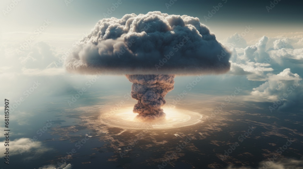 Satellite view of the explosion of a huge mushroom cloud, bomb on the ...