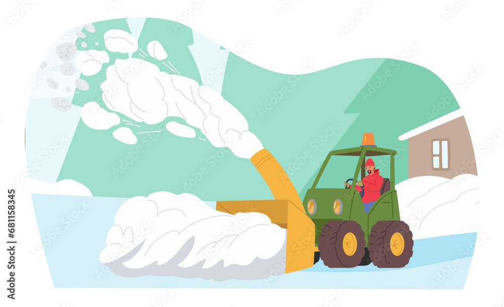 Character Driving Snowplow Machine. Snowblower Roars To Life, Sending ...
