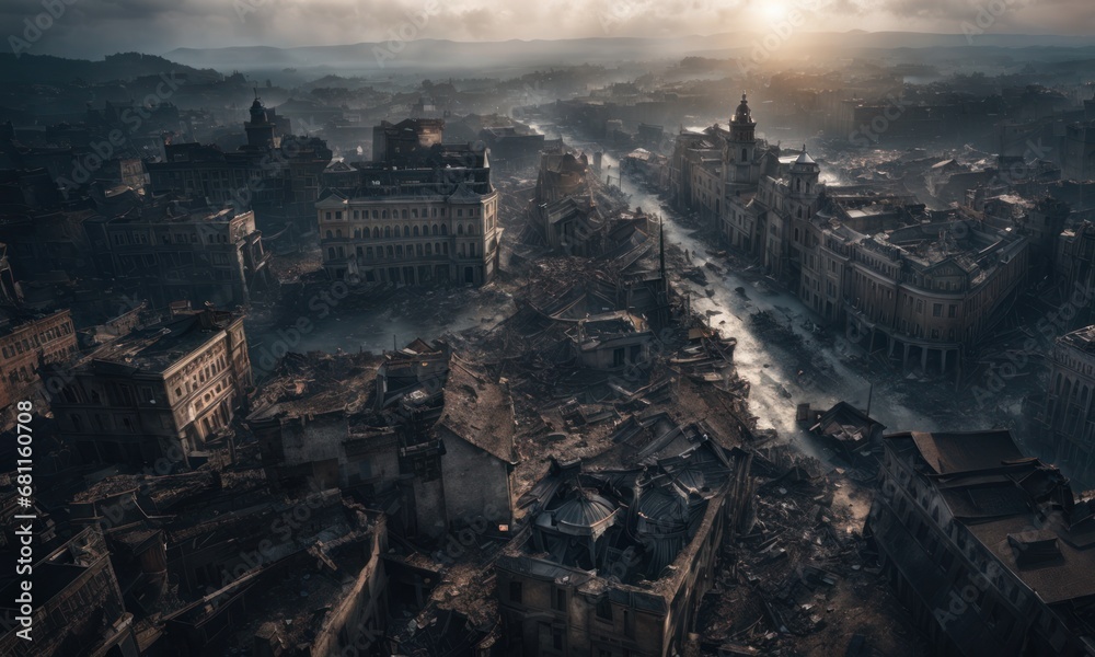 Top view of the war bombing destroyed building. Aerial view of the ...