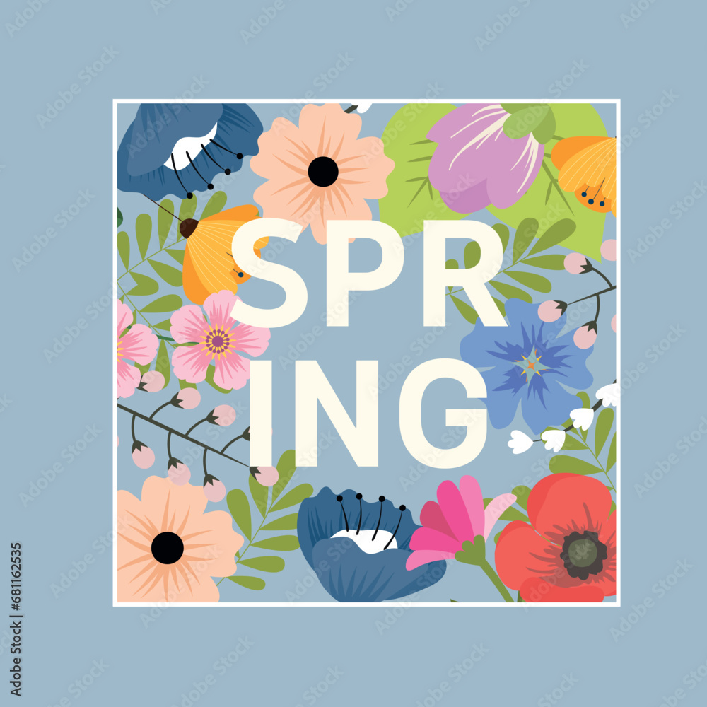 Spring square background, frame with colorful flowers and leaves ...