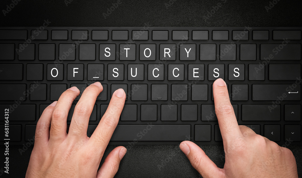 Story of success. Hand typing on desktop office computer keyboard ...