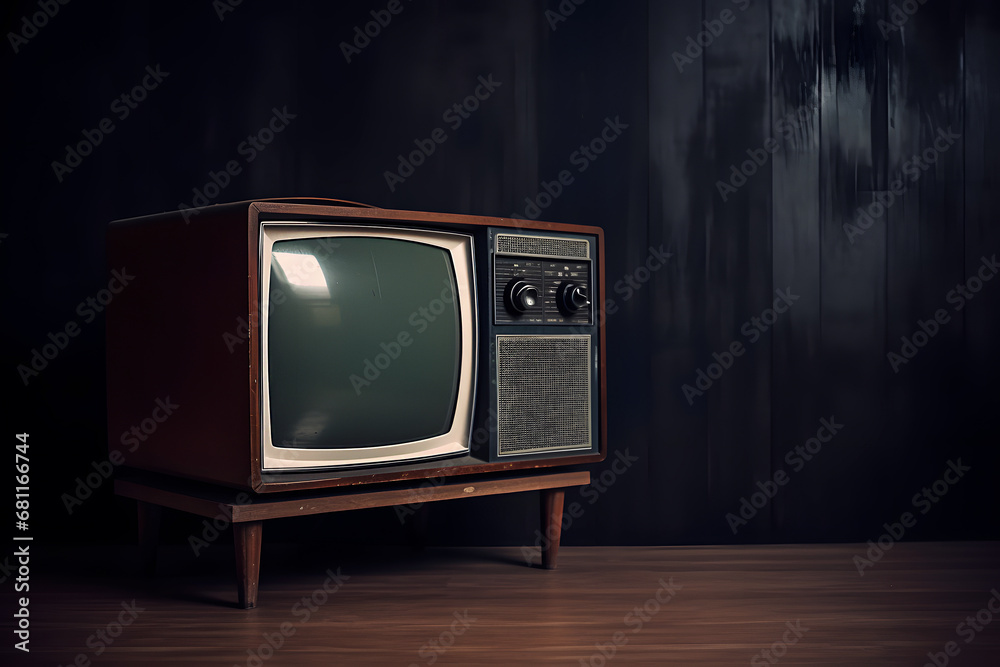 Retro tv set with empty screen on wooden nightstand in room with ...