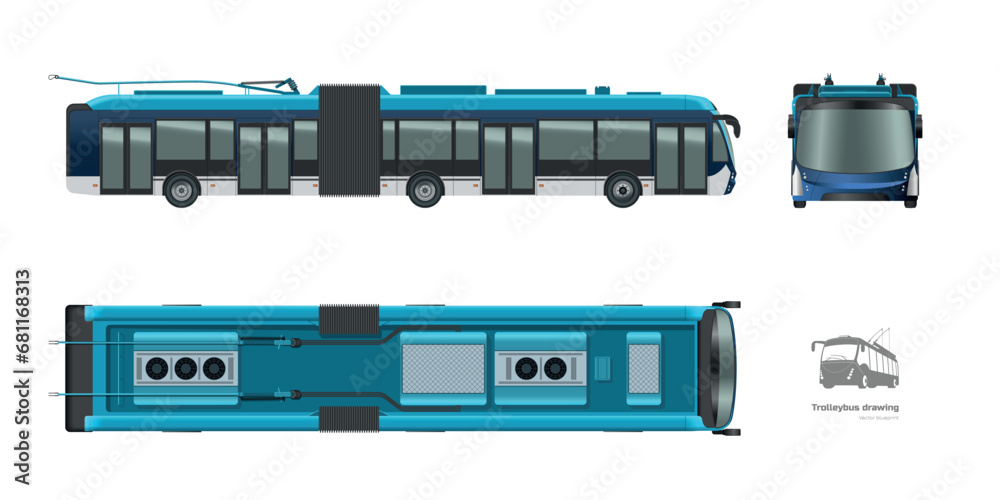 Isolated trolleybus drawing. 3d urban transport blueprint. Top, side ...