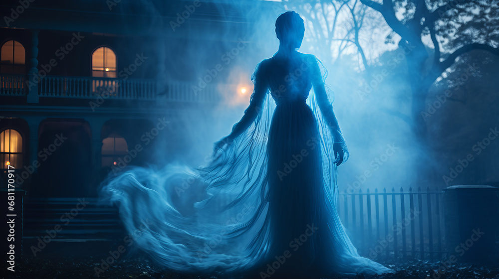 Mysterious female ghost silhouette veiled in translucent fabric emerges ...