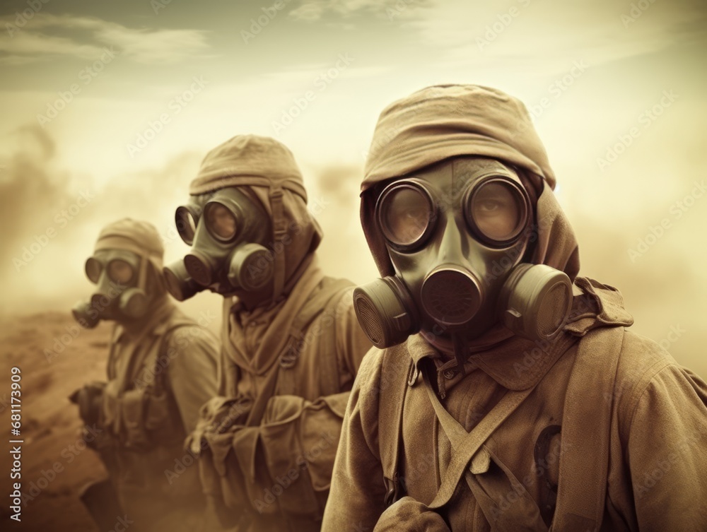 soldiers on the battlefield in world war ii, no visible faces. dusty ...