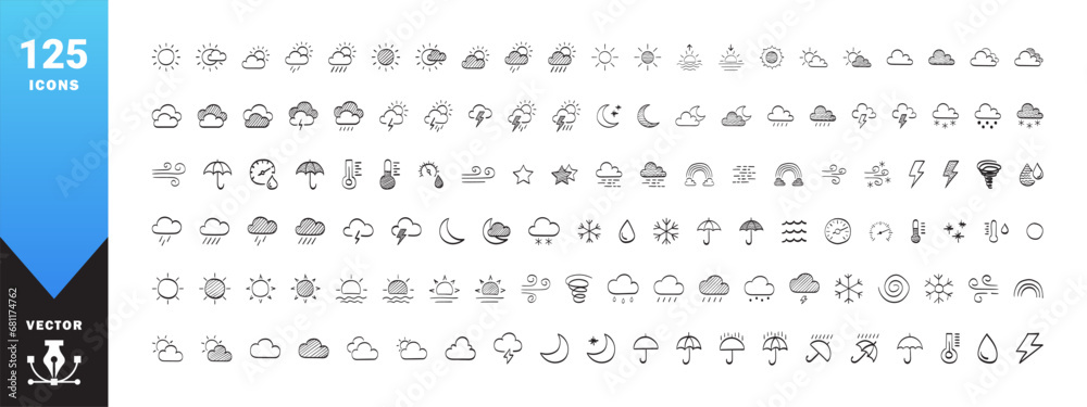 Weather icons set. Drawn weathers icons. Weather forecast sign symbols ...