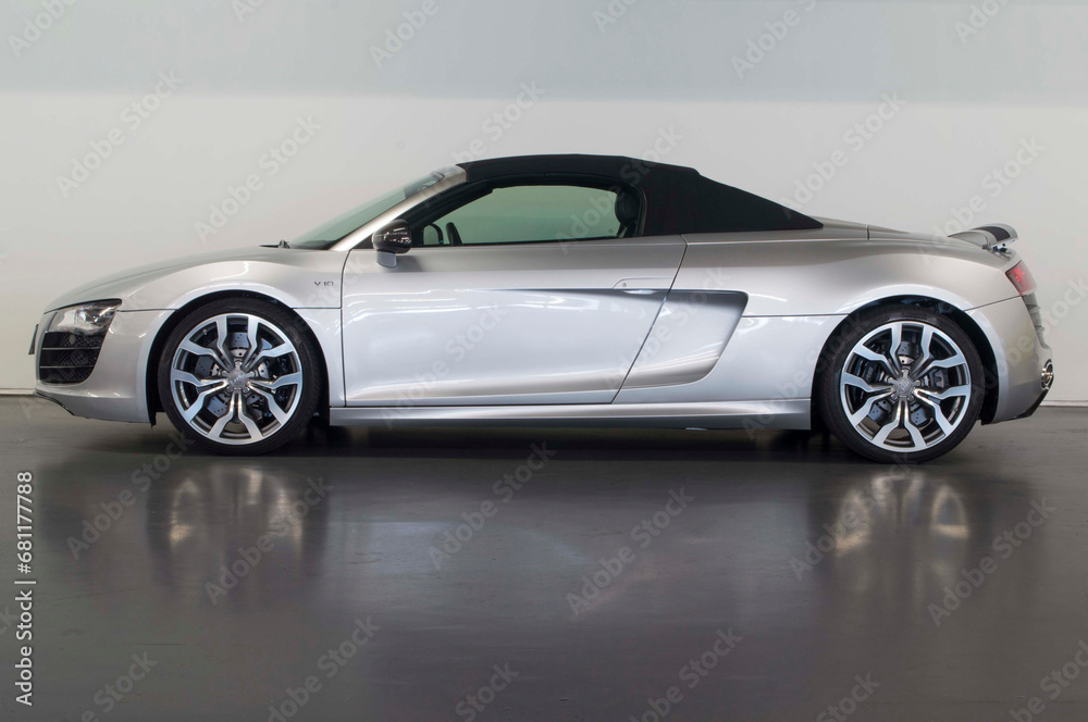 Silver Audi R8 V10 Spyder side view isolated on white background - High ...