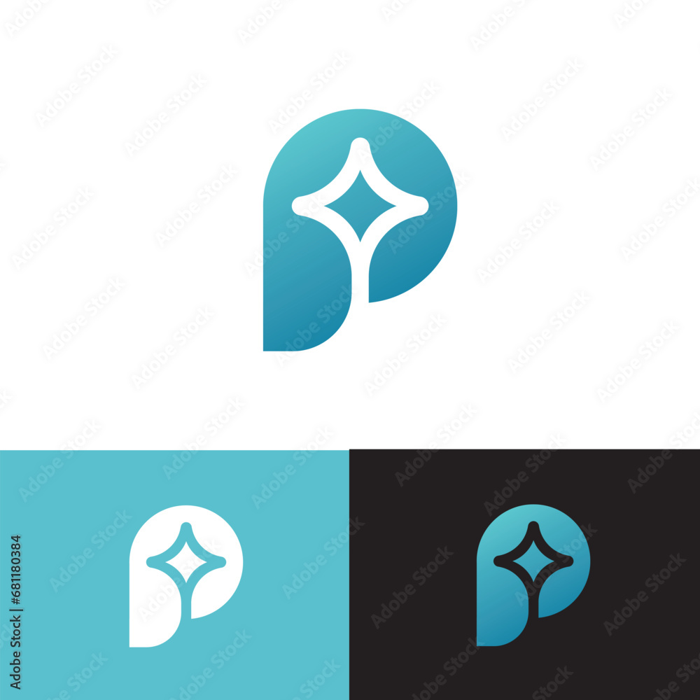 Letter P logo template with Star design element in negative space ...