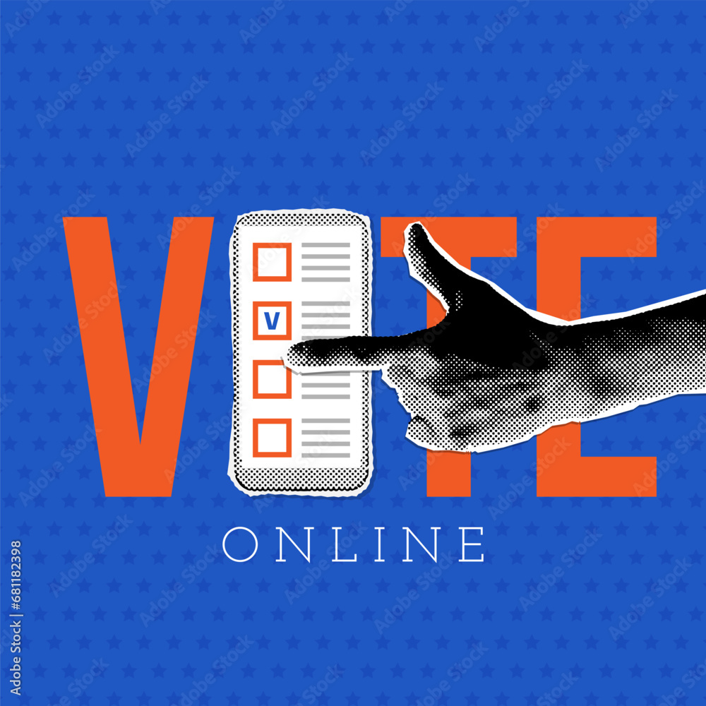 Hand touching smartphone with voting app on the screen. Typographic ...