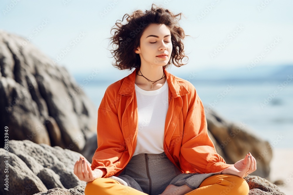 Coastal serenity: a young woman meditates on a seashore rock ...