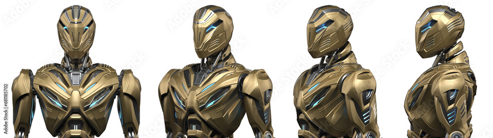 Futuristic alien robot or very detailed humanoid cyborg. Collage or set ...