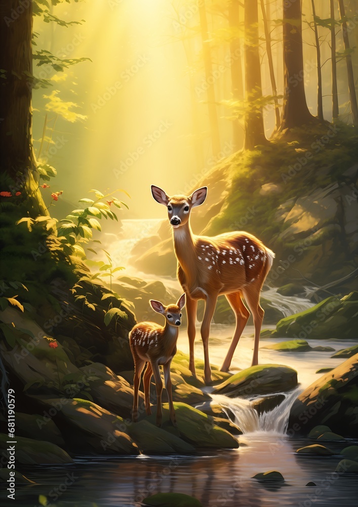 two deer standing woods stream centered rim lighting small animals ...