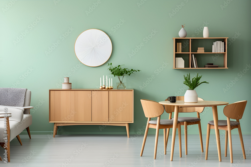 Mint color chairs at round wooden dining table in room with sofa and ...