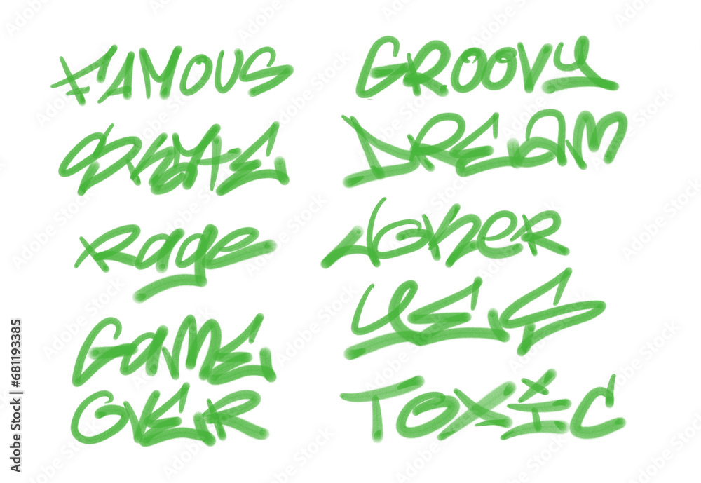 Collection of graffiti street art tags with words and symbols in green ...