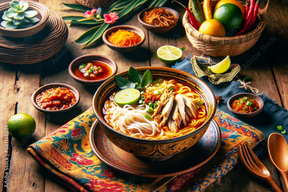Indonesian Soto Ayam (Chicken Soup). Visualize a vibrant Indonesian ...