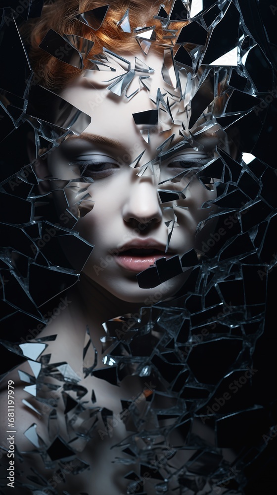 closeup woman broken mirror covering face glass shards female model ...